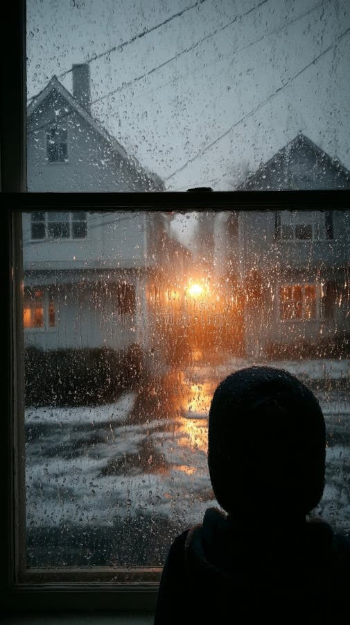 Child Looking Out Rain-Streaked Window at Night Stock Illustration ...