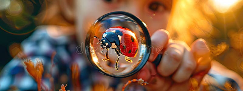 The Child Looks through a Magnifying Glass at the Insect Ladybug Stock ...