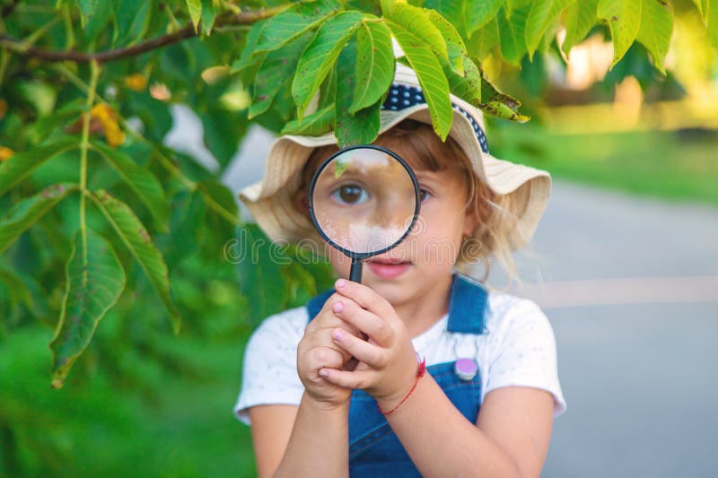A Child Looks through a Magnifying Glass in Nature. Selective Focus ...