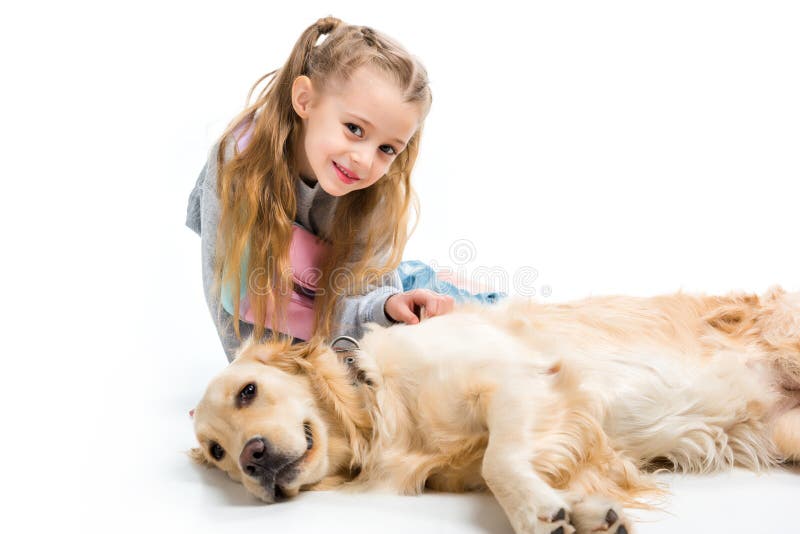 Child and Lying Dog Looking at Camera Stock Photo - Image of friends ...