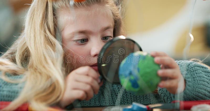 Child, Magnifying Glass and Science Earth Globe for Planet Research or ...