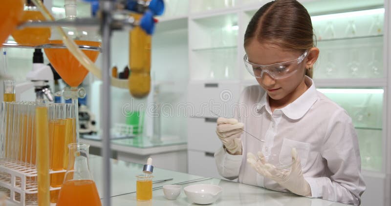 Child Making Chemical Experiments in School Lab, Kid Student Girl ...