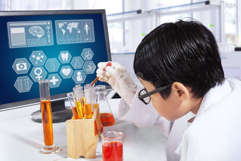 Child Making Experiments in the Lab Stock Photo - Image of computer ...