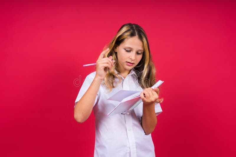 Child Making Notes. Kids Dreams.Isolated on Red Background. Education ...