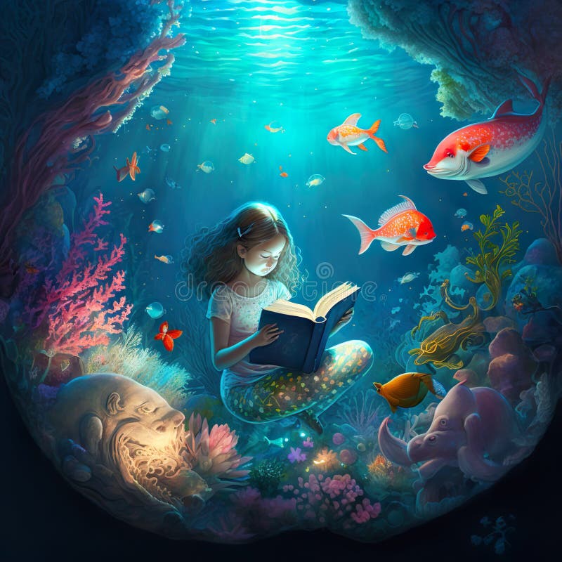 A Child Mermaid is Reading at the Bottom of the Ocean among Corals and ... A Child Mermaid is Reading at the Bottom of the Ocean among Corals and ...