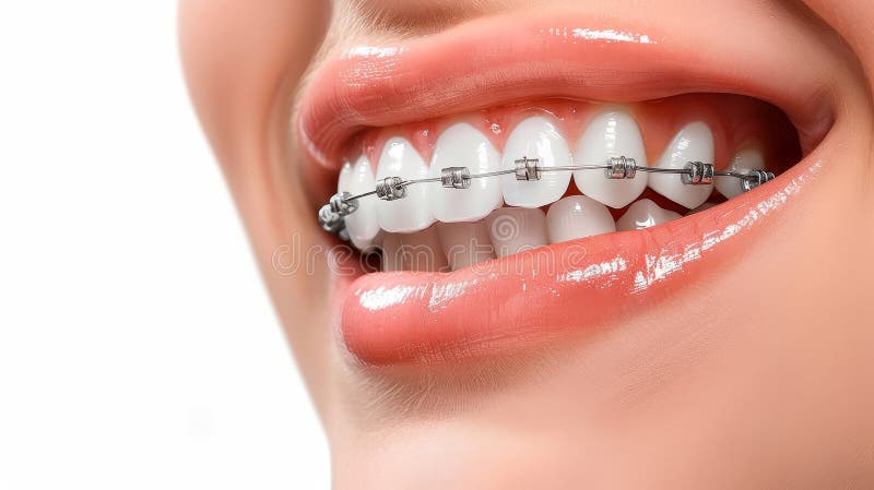 Child with Metal Braces Smiling, Healthy White Teeth, Bright White Background, Copy Space Stock ...
