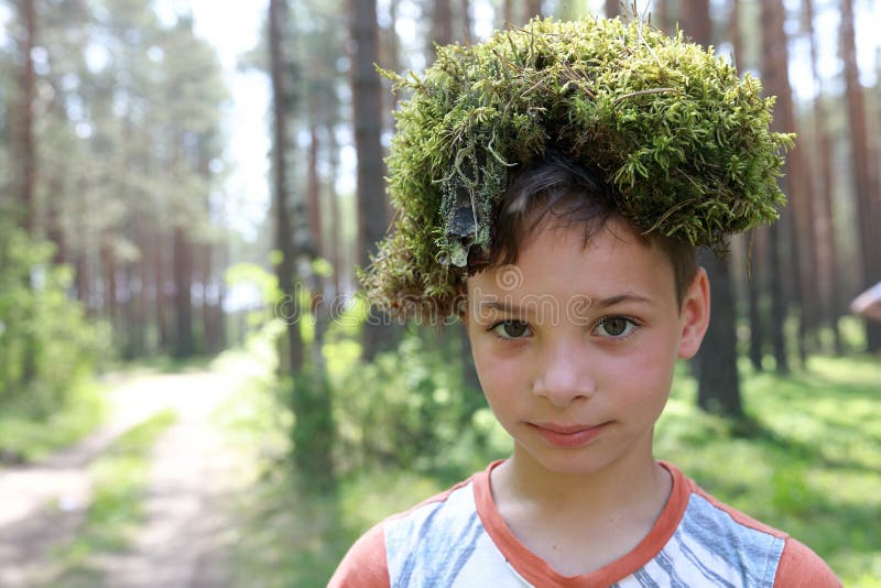 Child with Moss on His Head Stock Photo - Image of lifestyle ...