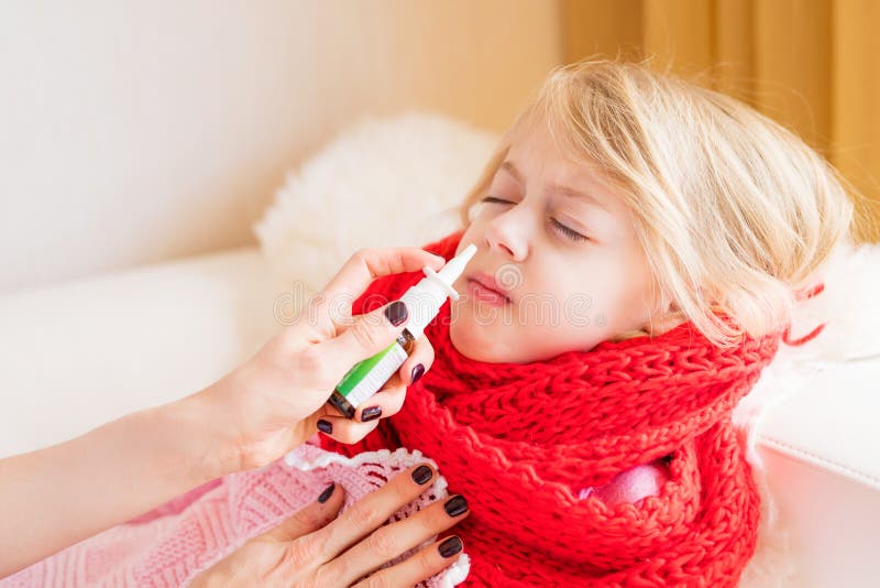 Child with nose spray stock image. Image of sneeze, girl - 115287585