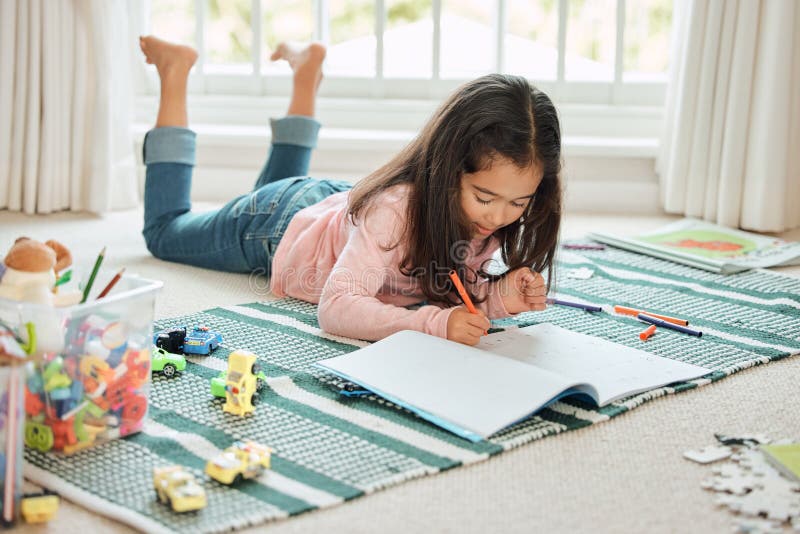Child, Notebook and Writing in Home on Floor with Creativity, Education ...