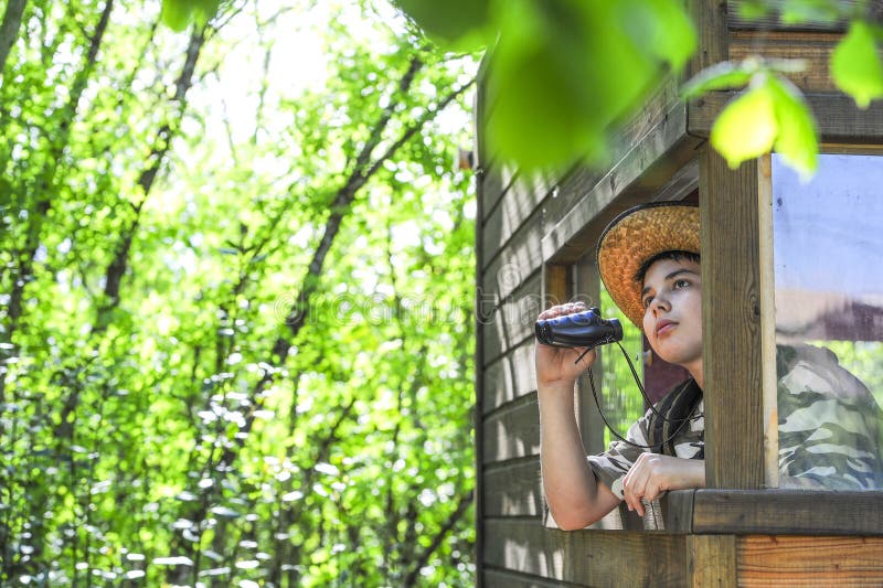 Child Observing Nature in His Cabin Stock Photo - Image of observation ...