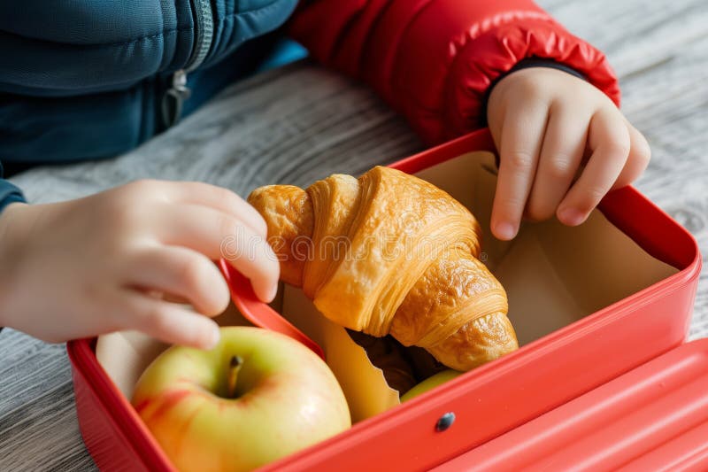 Child Opening Lunchbox with Croissant and Apple Stock Photo - Image of ...