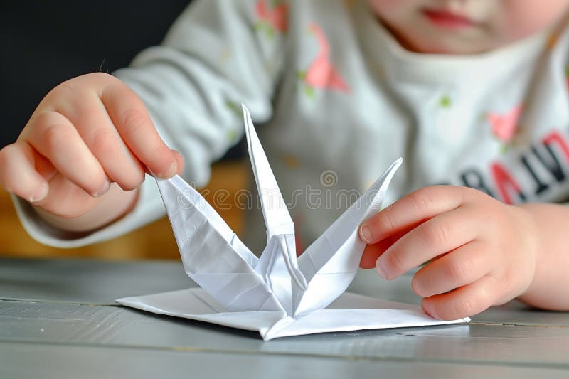 Child with Origami Paper Folding a Paper Crane Stock Image - Image of ...