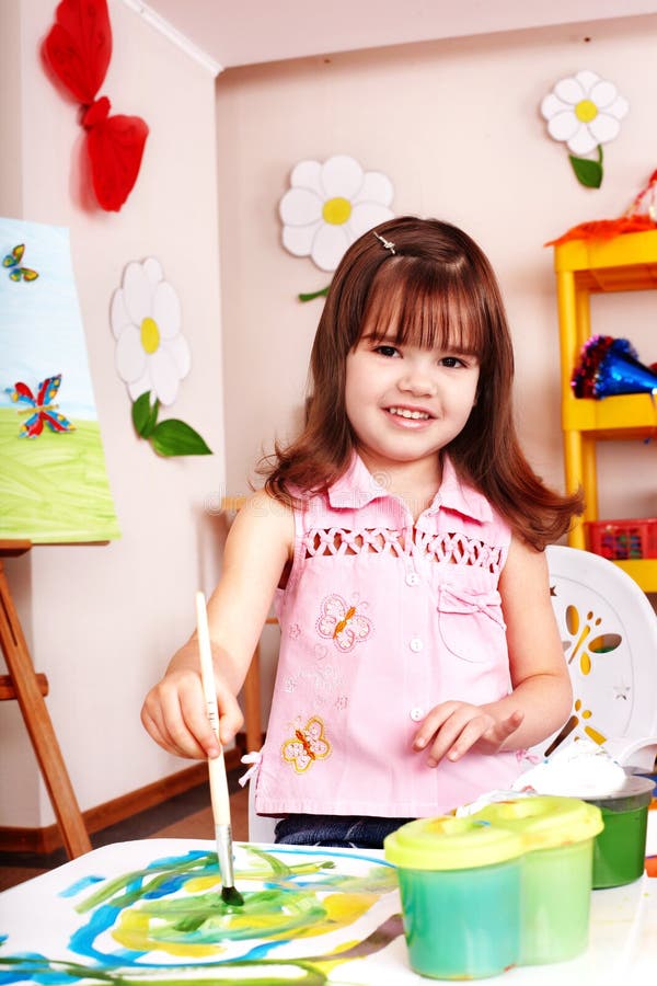 Child Paint Picture in Preschool. Stock Image - Image of paper ...