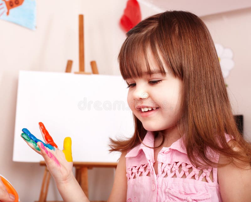 Child Paint Picture in Preschool. Stock Image - Image of development ...