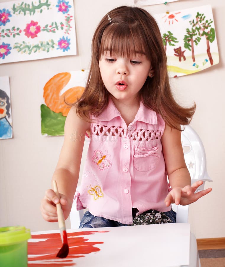 Child Paint Picture in Preschool. Stock Image - Image of childcare ...