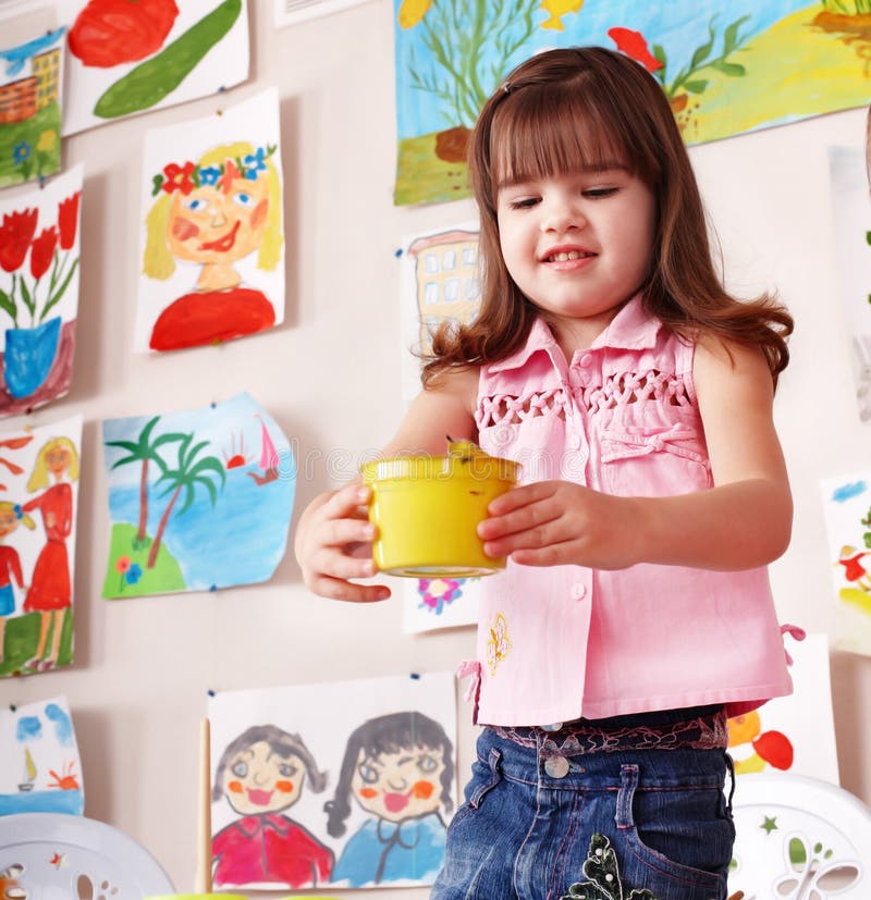 Child Paint Picture in Preschool. Stock Image - Image of drawing ...