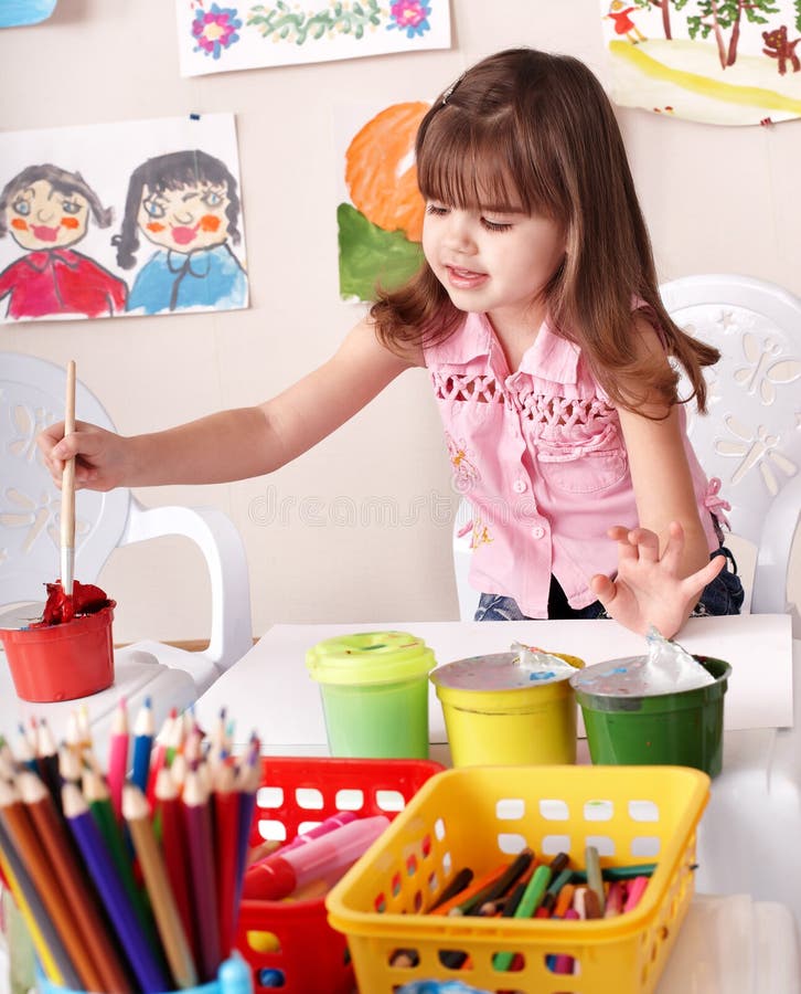 Child Paint Picture in Preschool. Stock Photo - Image of development ...