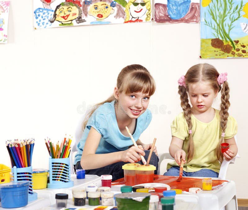 Child Painting in Preschool. Stock Photo - Image of lesson, childhood ...
