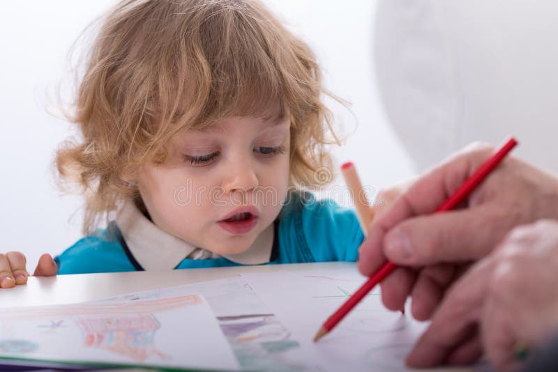 Child and Parent Drawing Together Stock Photo - Image of kindergarten ...