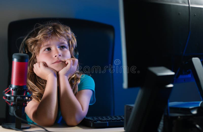 Child with Pc Computer at Night. School, Study, Online Learning Concept ...