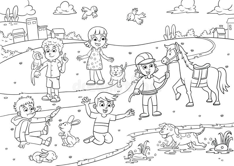 Child and Pet in the Park Cartoon for Coloring Stock Vector ...