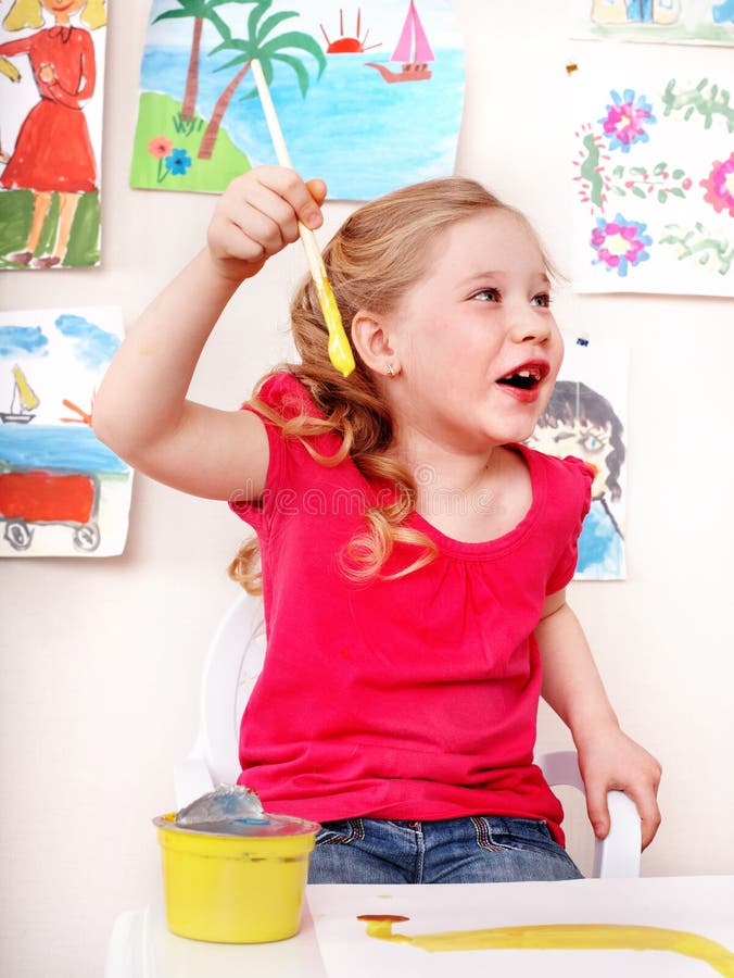 Child with Brush Painting Picture in Play Room. Stock Image - Image of ...