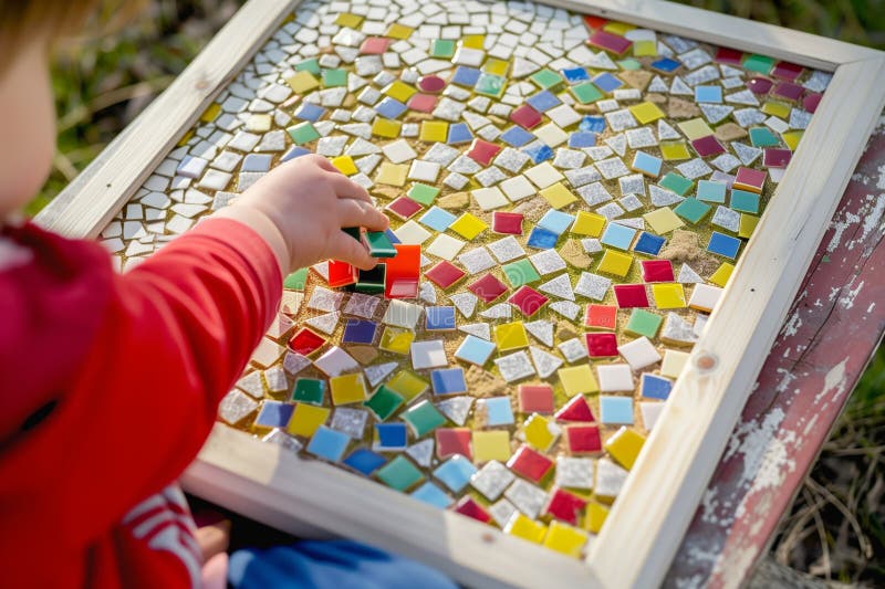 Child Placing Bright Tiles on a Simple Mosaic Frame Outdoors Stock ...