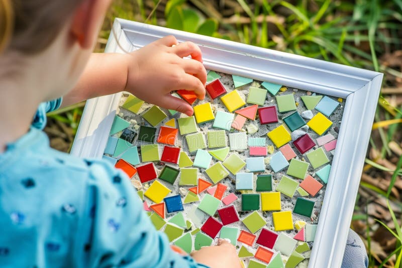 Child Placing Bright Tiles on a Simple Mosaic Frame Outdoors Stock ...