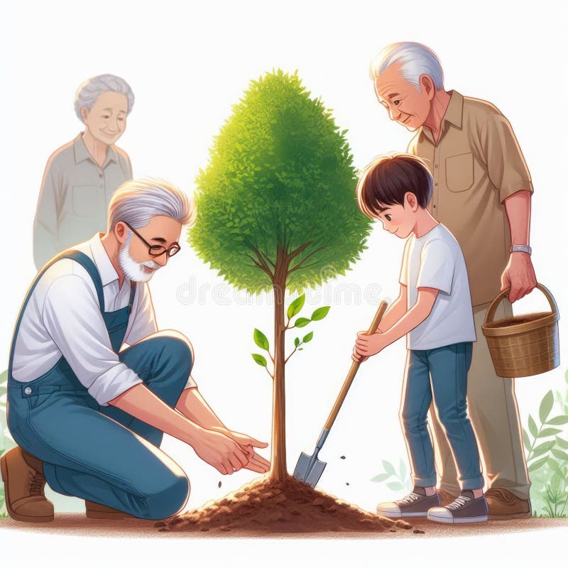Child Planting a Tree with Guidance from Elders Stock Illustration ...