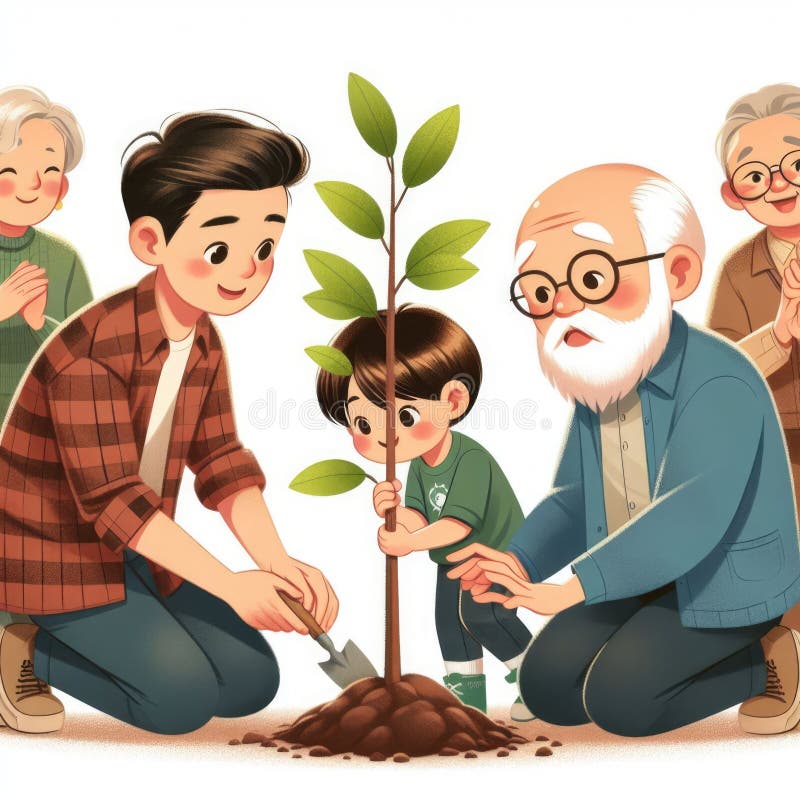 Child Planting a Tree with Guidance from Elders Stock Illustration ...