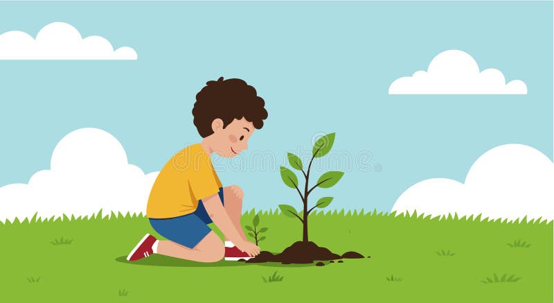 Child Planting Young Tree in Park Under Clear Sky, Side View Stock ...