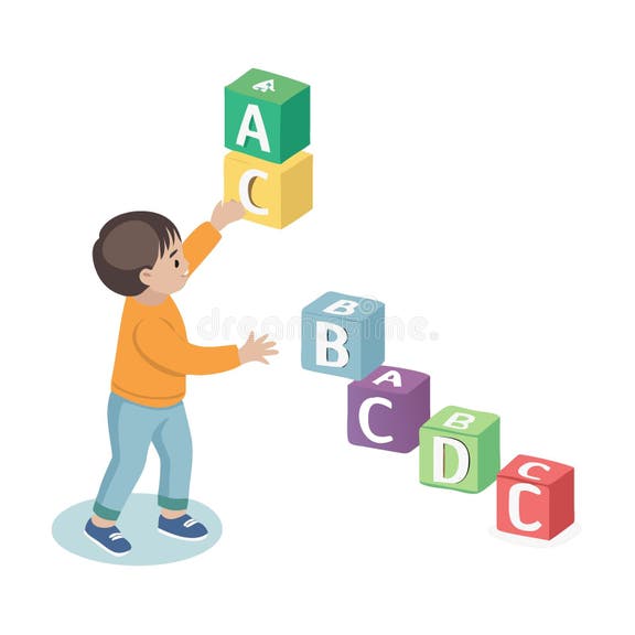 Child Playing with ABC Blocks – Flat Vector Illustration Representing ...