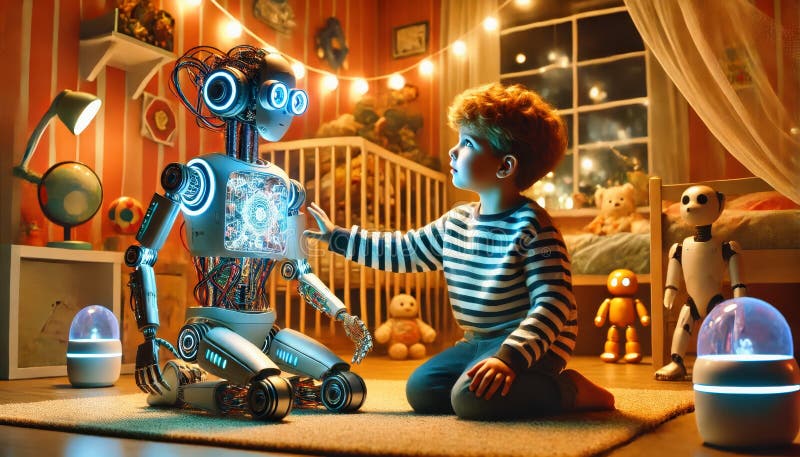 A Child Playing with an AI Robot Child in a Futuristic Playroom Stock ...