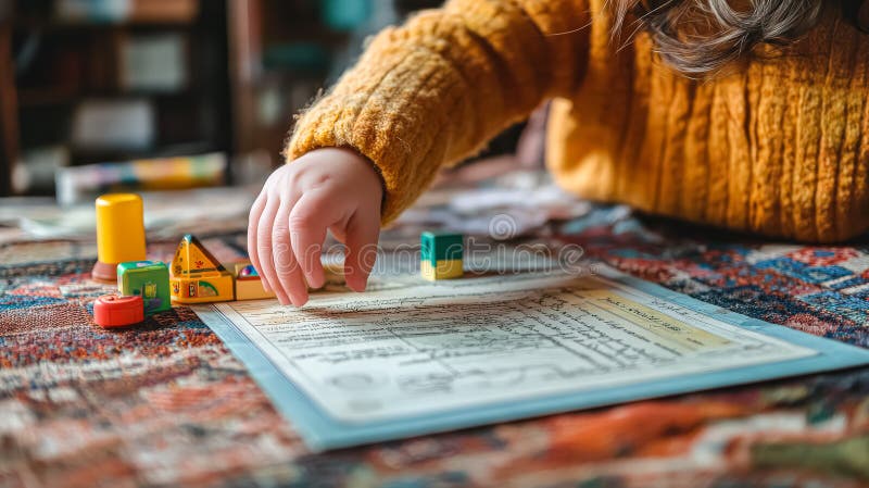 Child is Playing with Blocks and a Piece of Paper with Writing on it ...