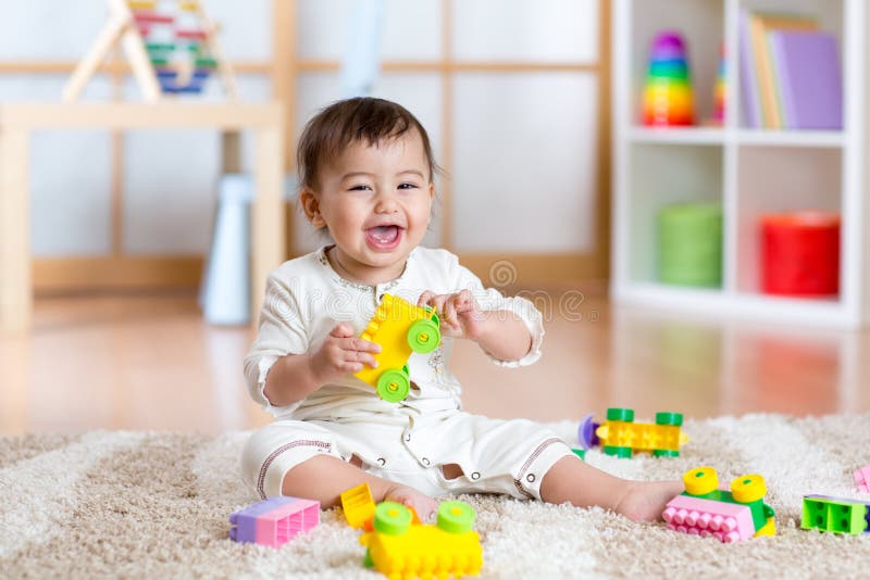 Child Playing with Building Blocks at Home Stock Image - Image of house ...