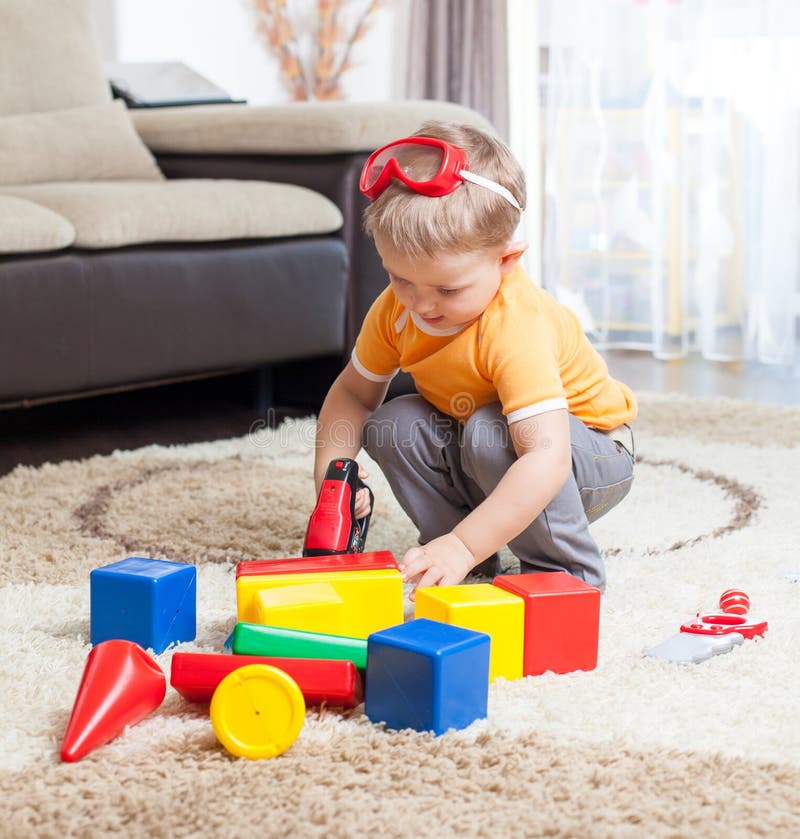 Child Playing with Building Blocks at Home. Stock Image - Image of home ...