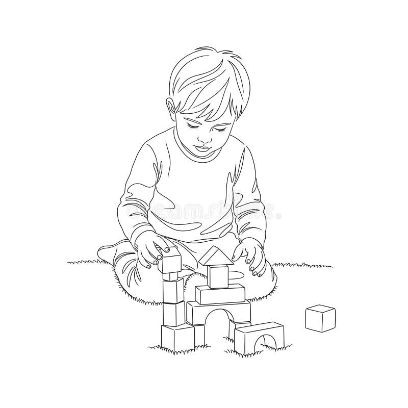 Child Playing with Building Blocks in a Line Drawing Stock Illustration ...
