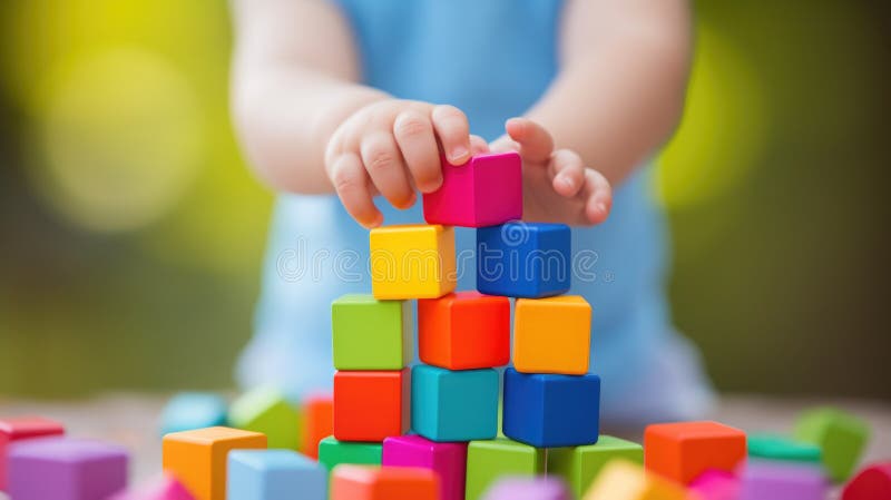 A Child Playing with Colorful Wooden Blocks, AI Stock Photo - Image of ...