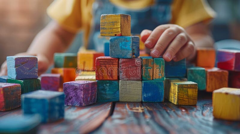 A Child Playing with Colorful Wooden Blocks on a Table. Stock Image ...