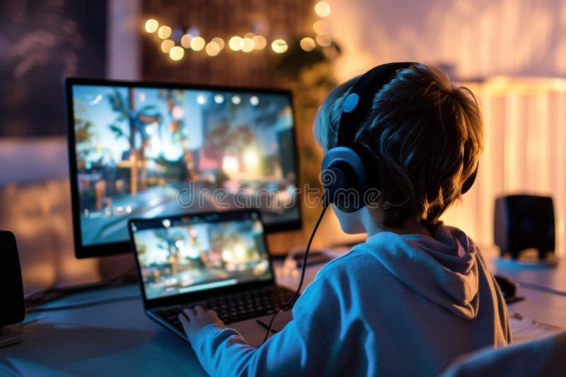 Child Playing Computer Games at Night. Stock Photo - Image of keyboard ...