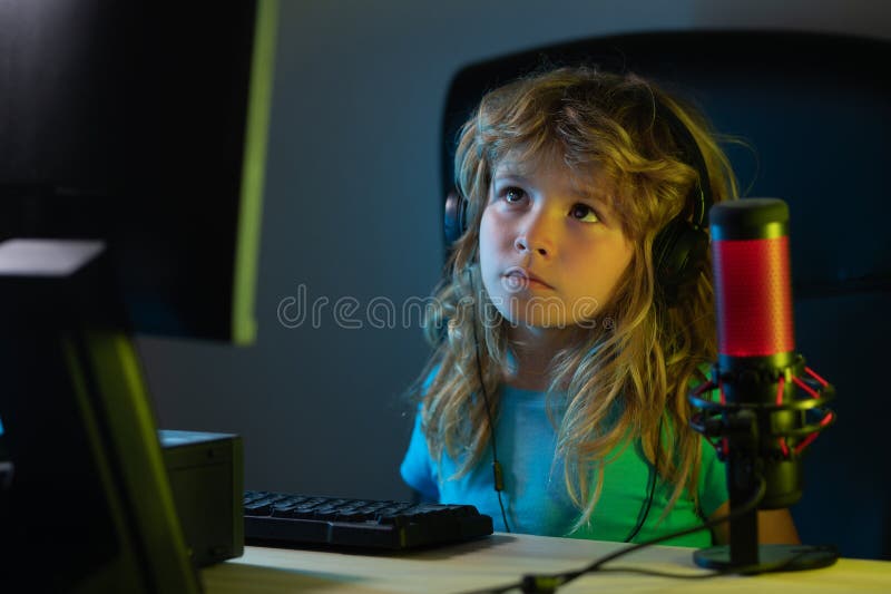 Child Playing Computer Games or Studying on Pc Computer. Kid Gamer on ...