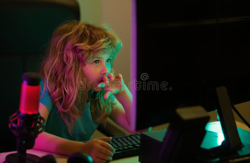 Child Playing Computer Games or Studying on Pc Computer. Kid Gamer on ...