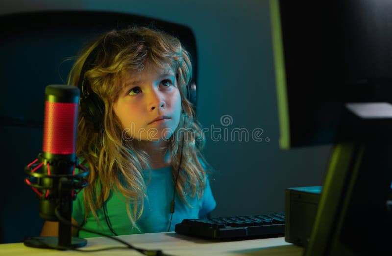 Child Playing Computer Games or Studying on Pc Computer. Kid Gamer on ...