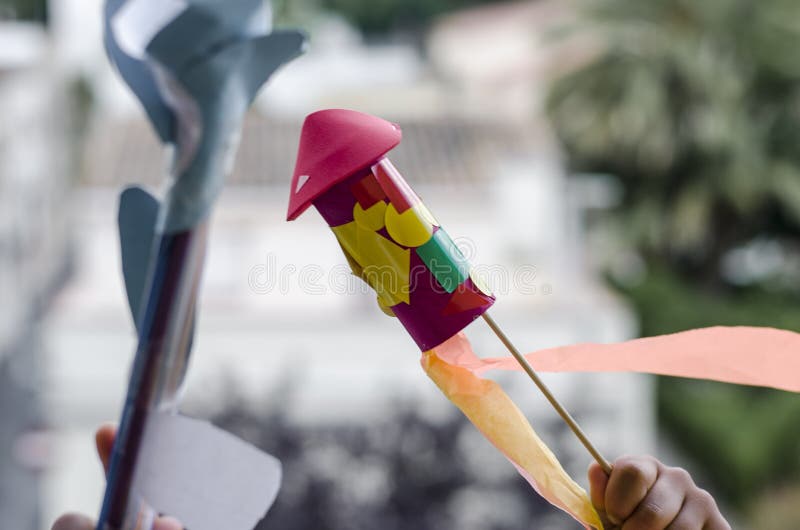 Child Playing with a Handmade Rocket by a Kid Stock Image - Image of ...