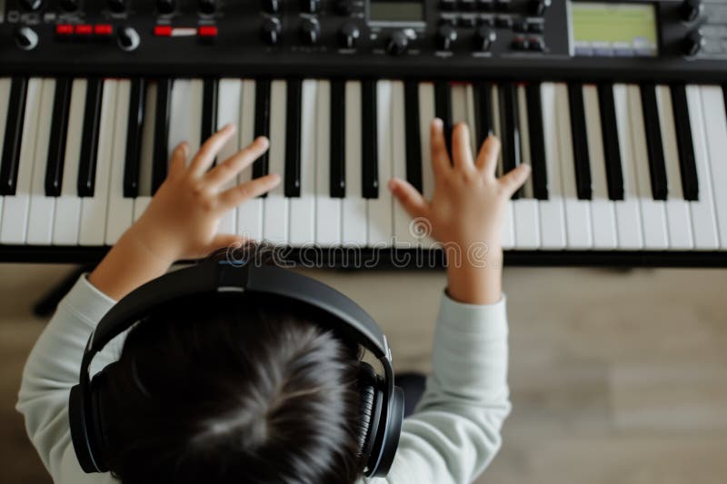 Child Playing a Keyboard with Headphones on Stock Photo - Image of ...