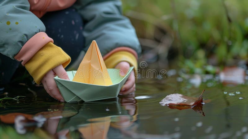 Child Playing with Paper Boat in Puddle. Stock Photo - Image of rainy ...