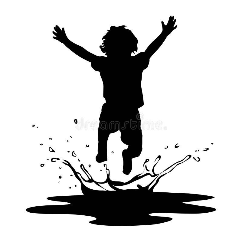Child Playing in a Puddle, Black and White Illustration Stock Vector ...