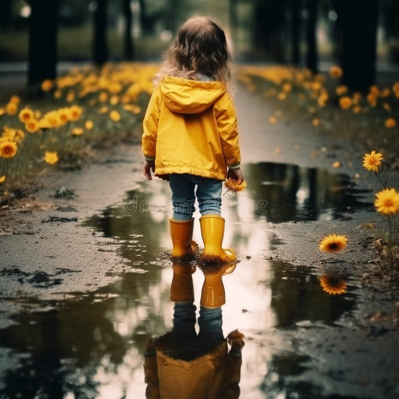 Child Playing in a Puddle with Water Reflection Stock Illustration ...