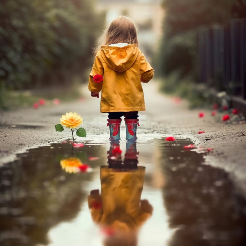 Child Playing in a Puddle with Water Reflection Stock Illustration ...