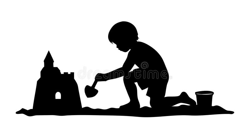 Child Playing in Sand, Building a Sandcastle Silhouette. Vector Design ...